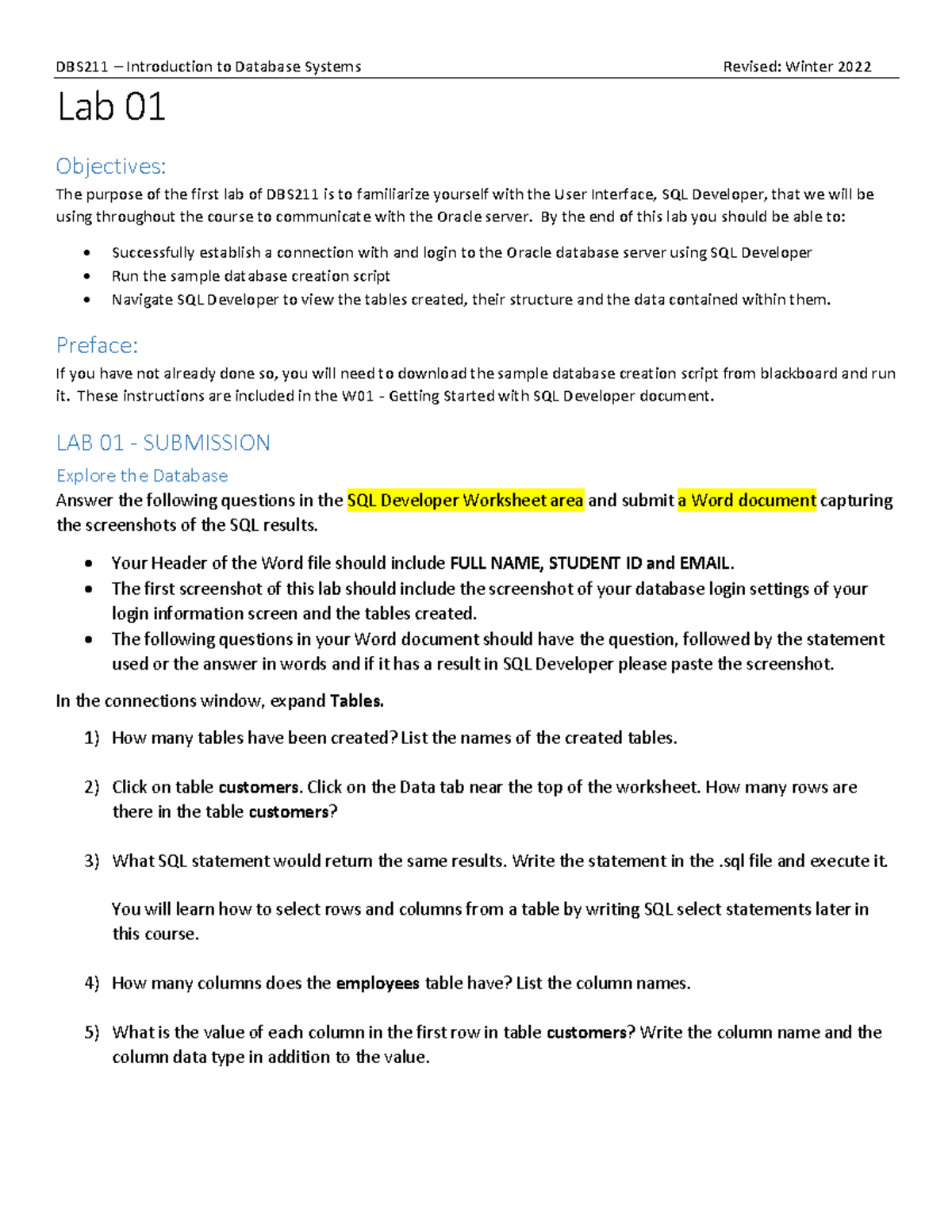 DBS211 Lab01 - Its a document used for the LAB02 workshop, with all the questions included - Studocu
