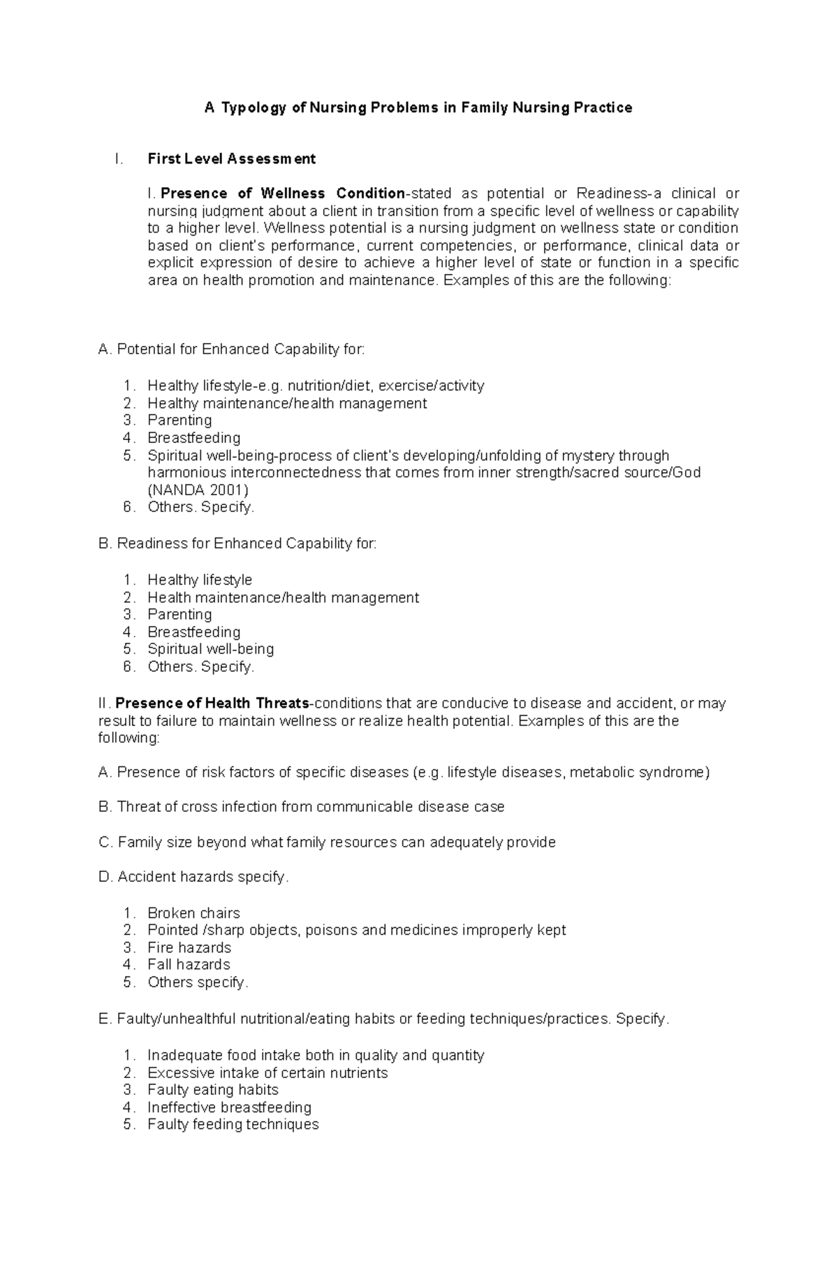 A Typology of Nursing Problems in Family - First Level Assessment I ...