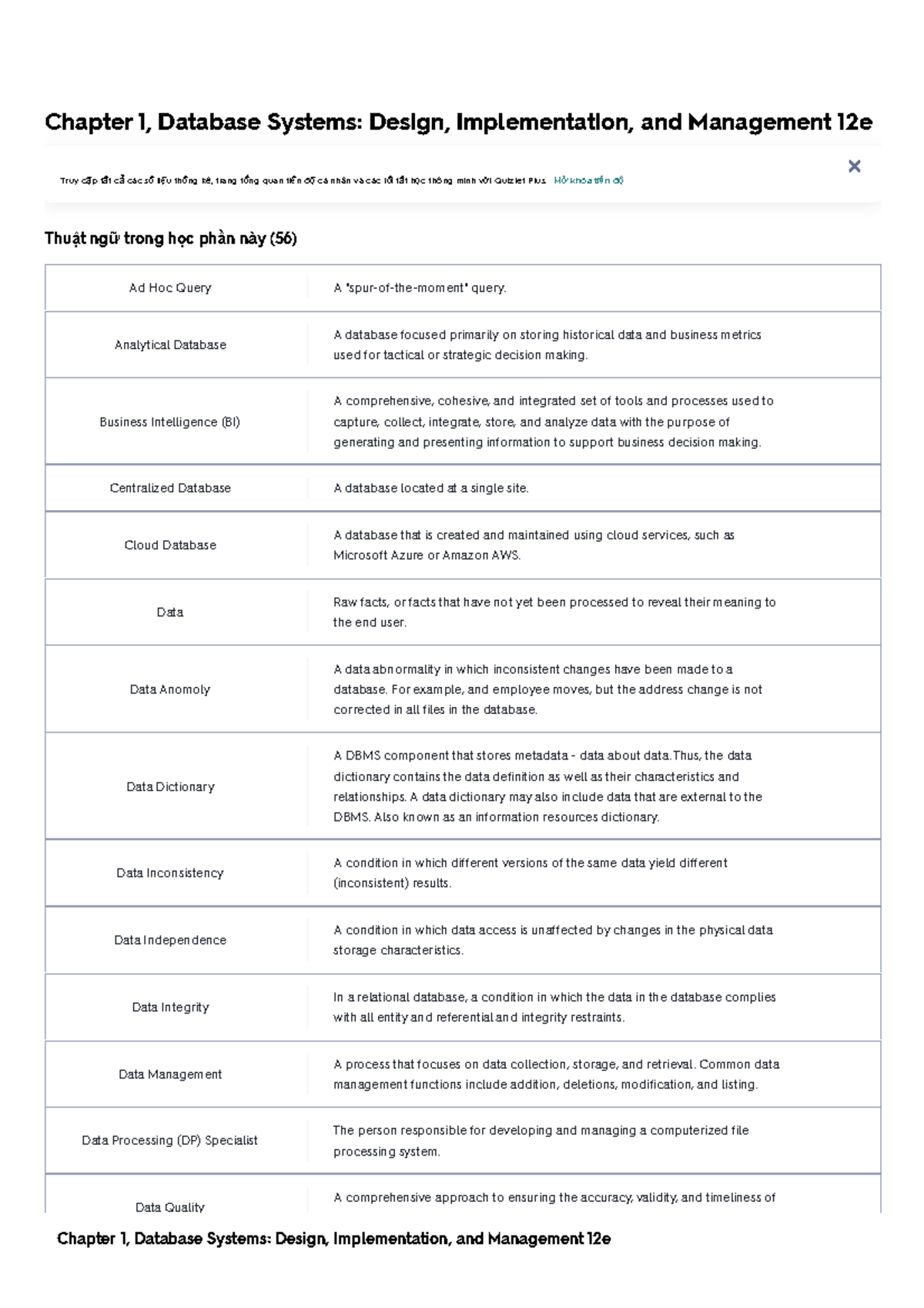 Thẻ ghi nhớ Chapter 1, Database Systems Design, Implementation, and Management 12e Quizlet - Studocu