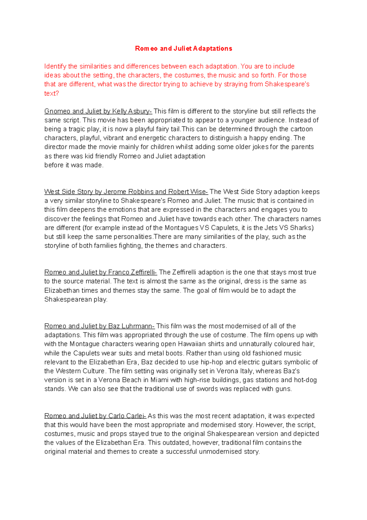 Romeo and Juliet Adaptations - Romeo and Juliet Adaptations Identify ...