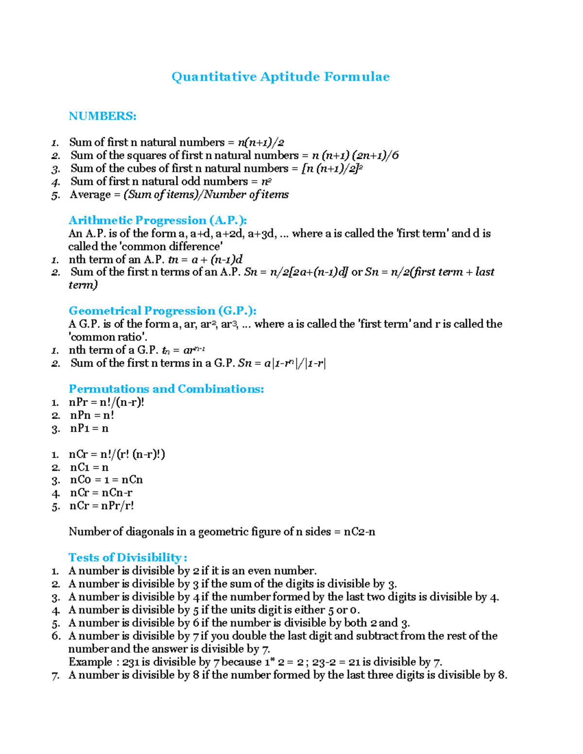 Aptitude Formulae - Quantitative Aptitude Formulae NUMBERS: Sum of first n natural numbers = n ...