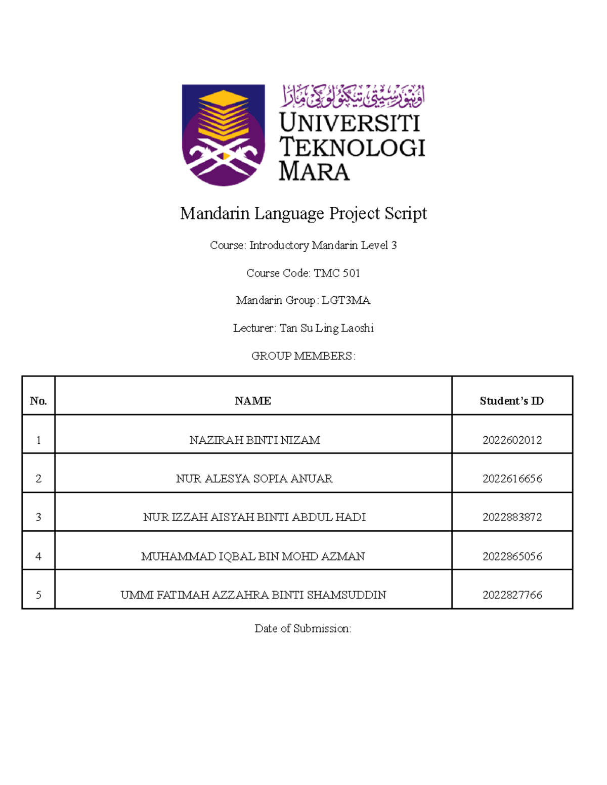 LGT3MA-Role Play Script Group 3 - Mandarin Language Project Script Course: Introductory Mandarin ...