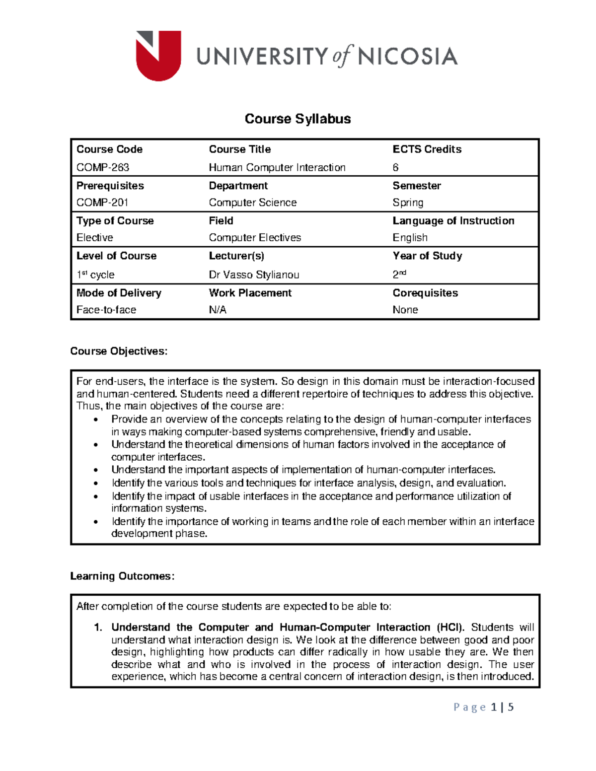 COMP-263 - hci - Course Syllabus Course Code Course Title ECTS Credits ...