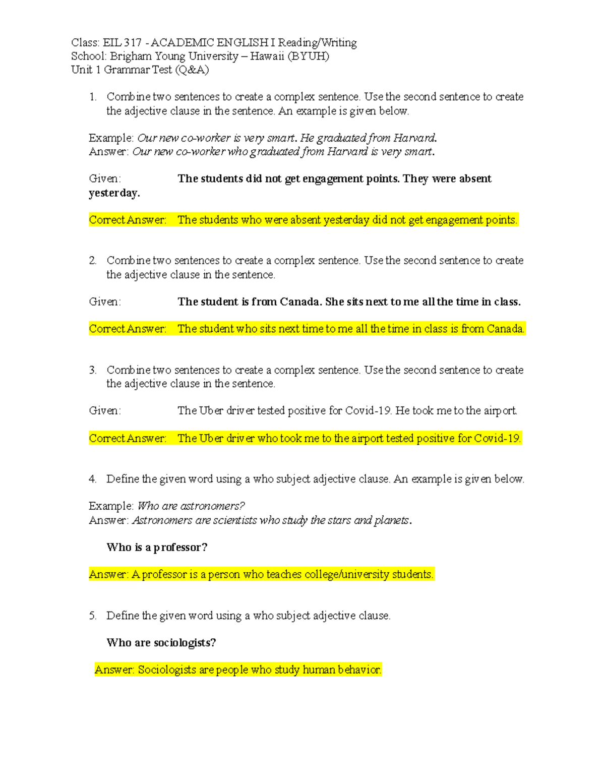 EIL 317 - Academic English I Reading:Writing - BYU-H (Unit 1 Grammar ...