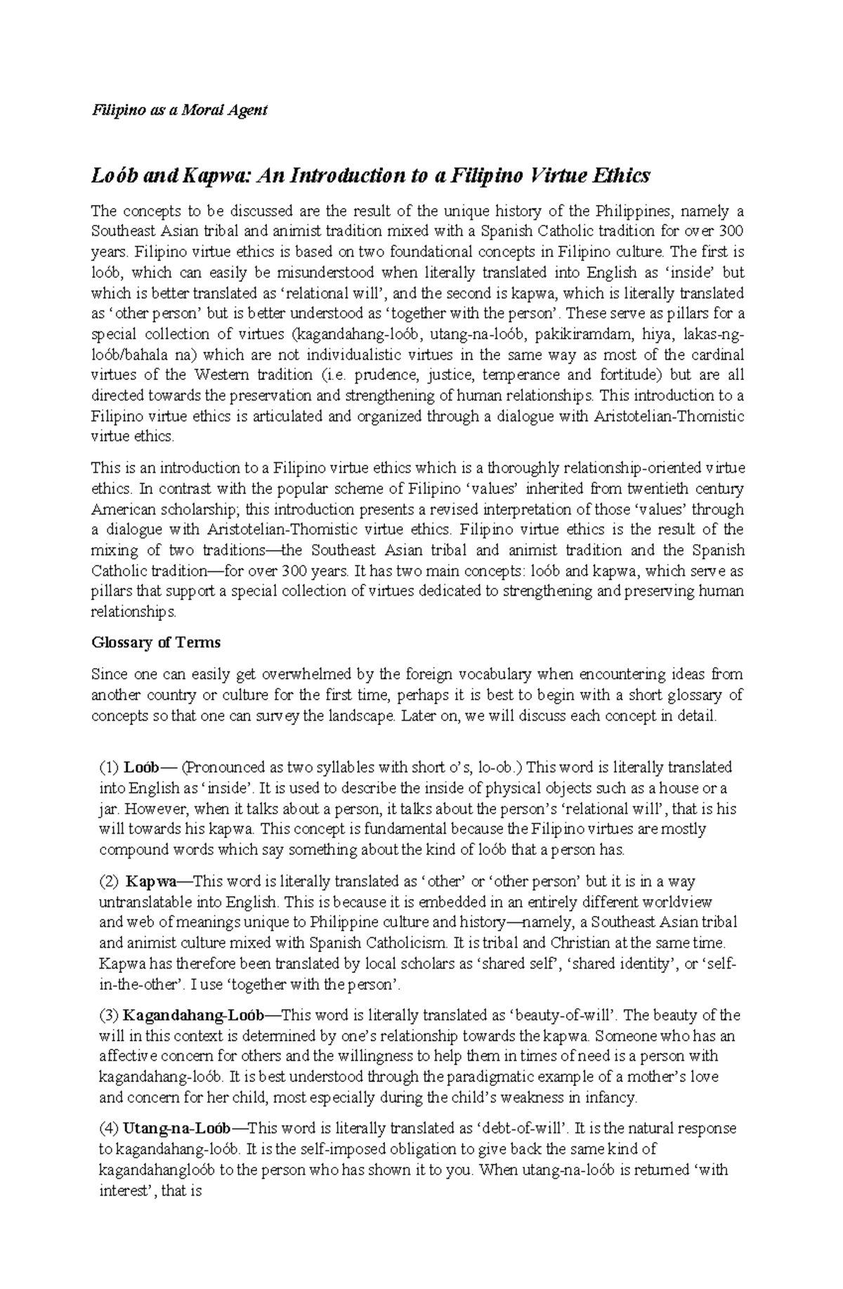 Moral Agents Pinoy - Filipino as a Moral Agent Loób and Kapwa: An ...