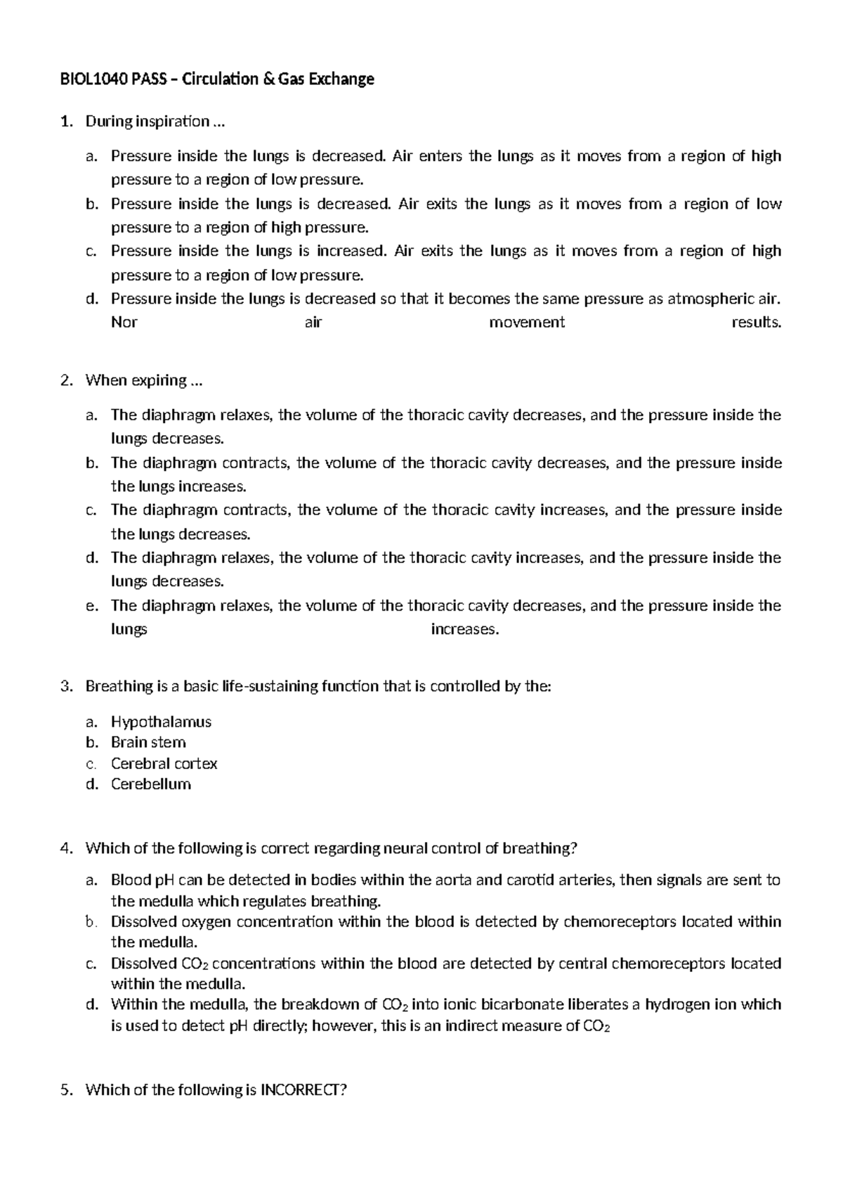 M5 - Worksheet 2 Qs - notes - BIOL1040 PASS – Circulation & Gas ...
