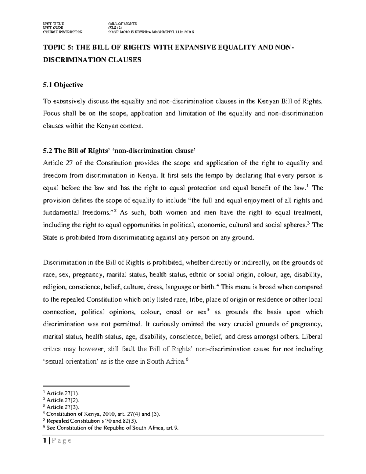 Topic 5 BILL OF Rights WITH AN Expansive Equality Clause - UNIT CODE ...