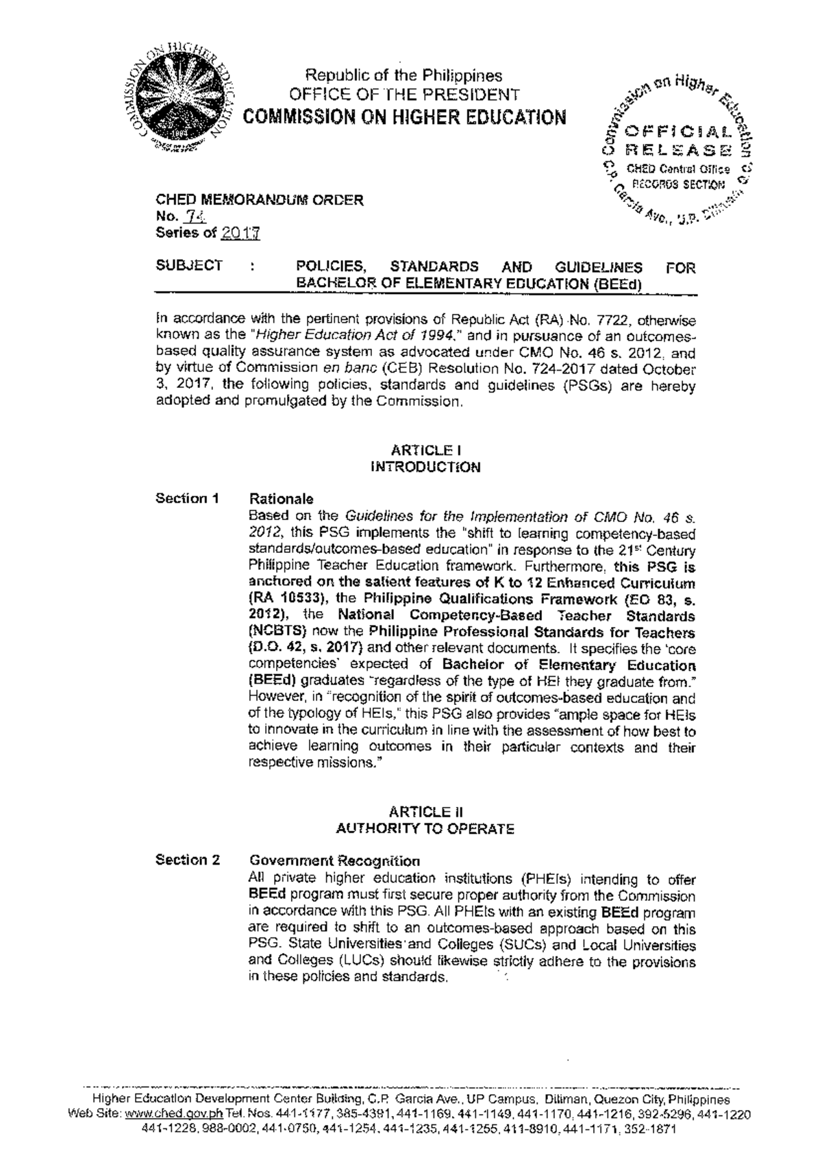 CMO-No - CMO BEED - ON HIGHER Republic of the Philippines OFFICE OF THE ...