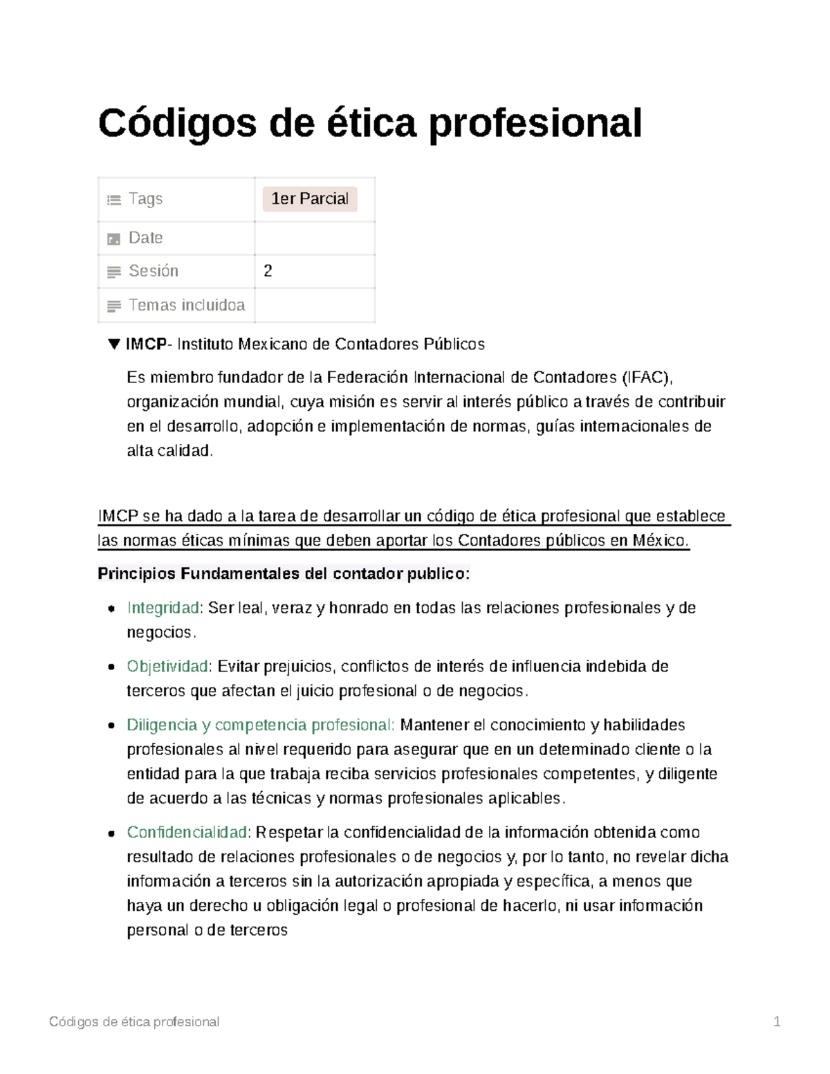 Cdigos de tica profesional - IMCP se ha dado a la tarea de desarrollar un código de ética - Studocu