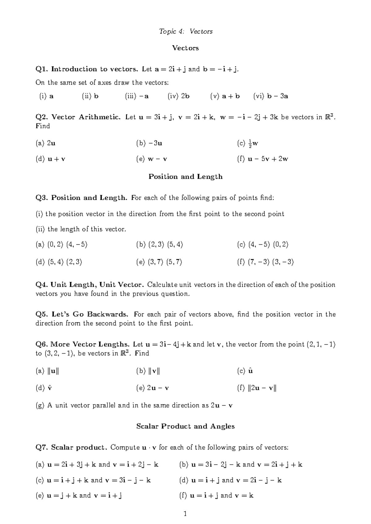 Problem Sheet 4 Vectors - Topic 4: Vectors Vectors Q1. Introduction to ...