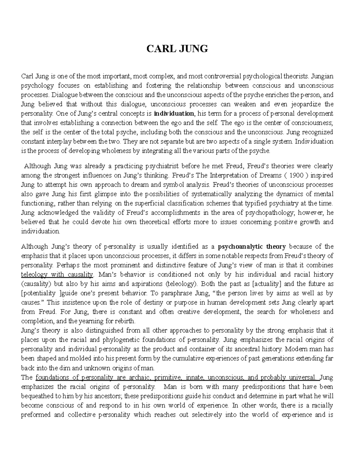 Personality carl jung - lecture notes - CARL JUNG Carl Jung is one of ...
