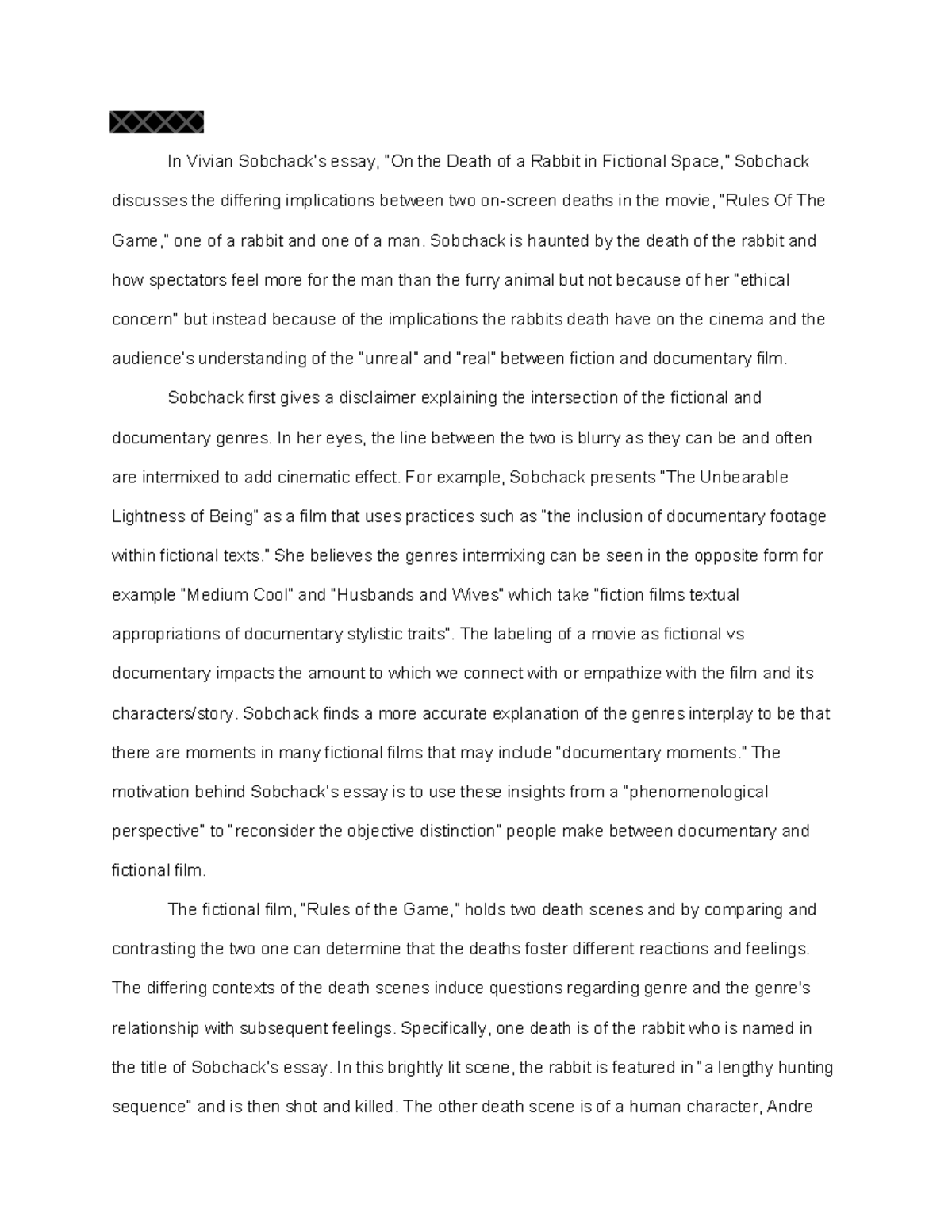 ART 1A Vivian rabbit Essay - In Vivian Sobchack’s essay, “On the Death ...