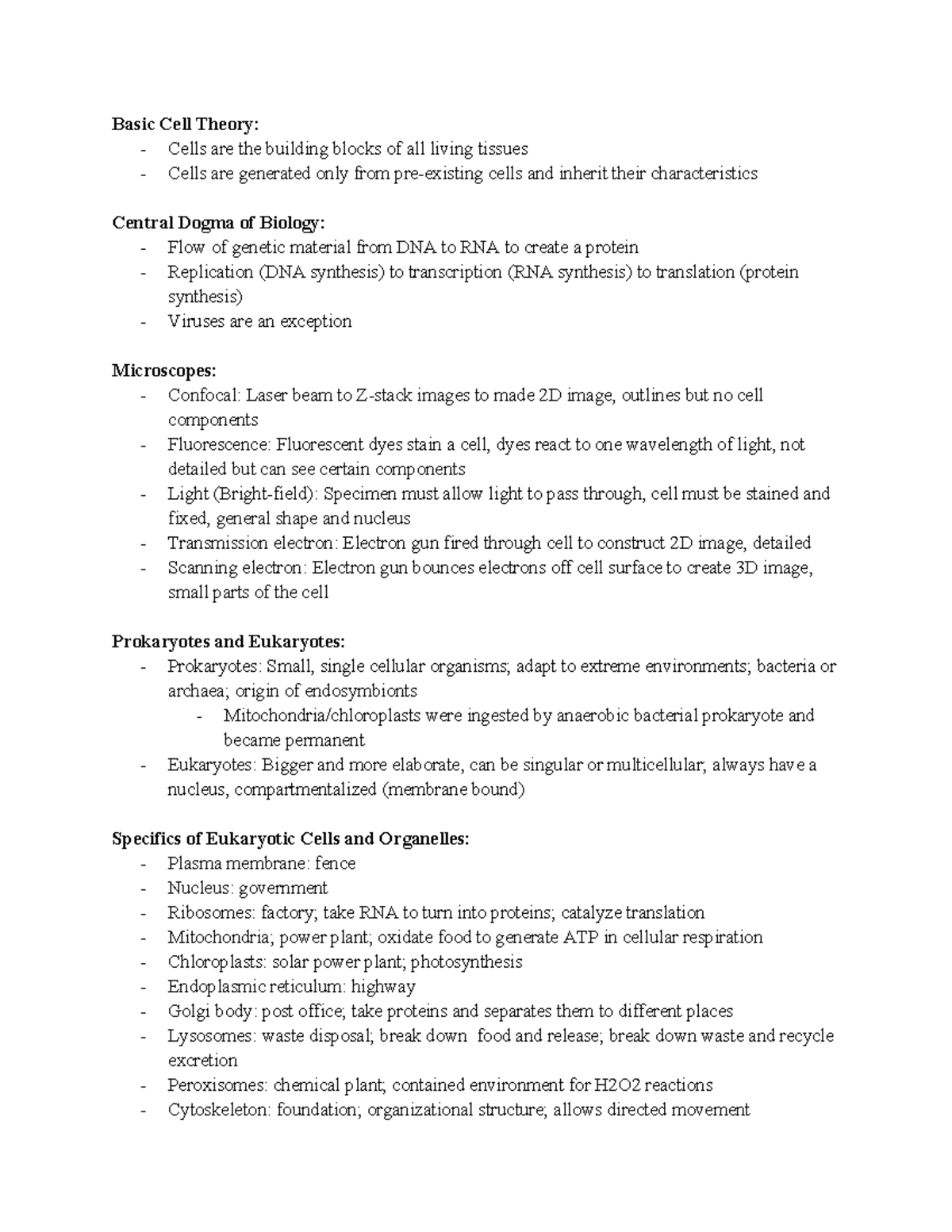 Review Exam 1 - Lecture summary of unit 1 - Basic Cell Theory: - Cells ...