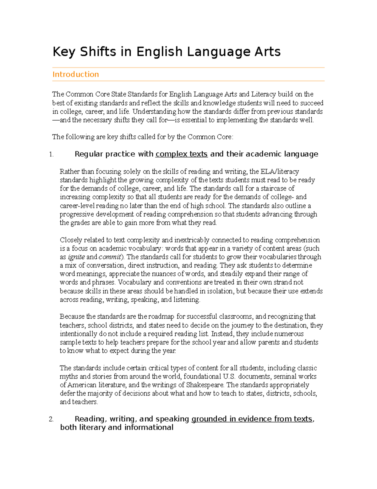 Key Shifts in English Language Arts - Key Shifts in English Language ...