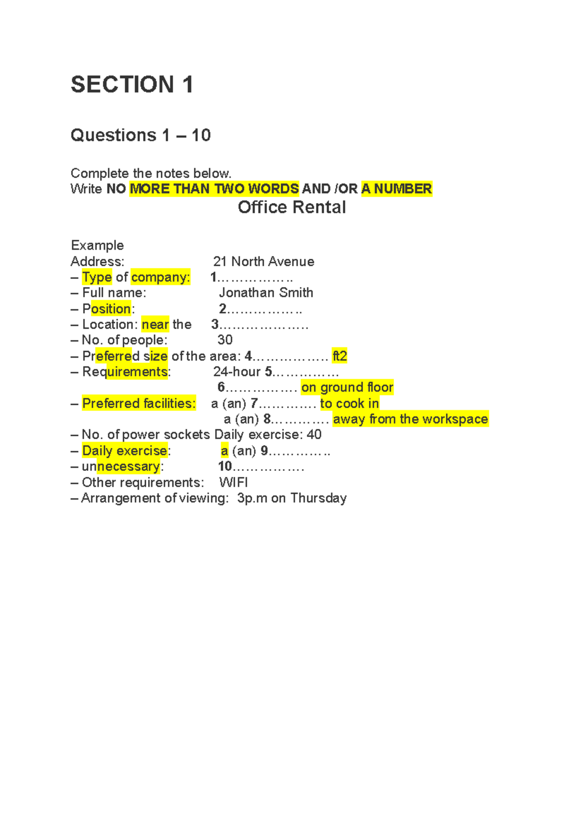 Actual Listening Test - material - SECTION 1 Questions 1 – 10 Complete ...