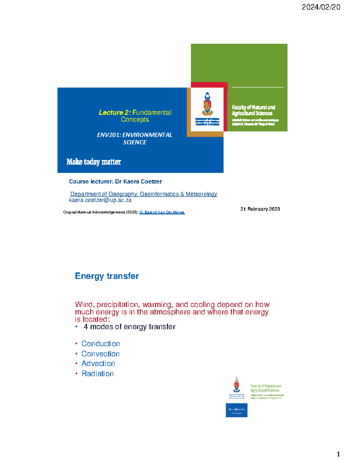 2024 ENV201 Lecture 2 - ENV201: ENVIRONMENTAL SCIENCE Course lecturer ...