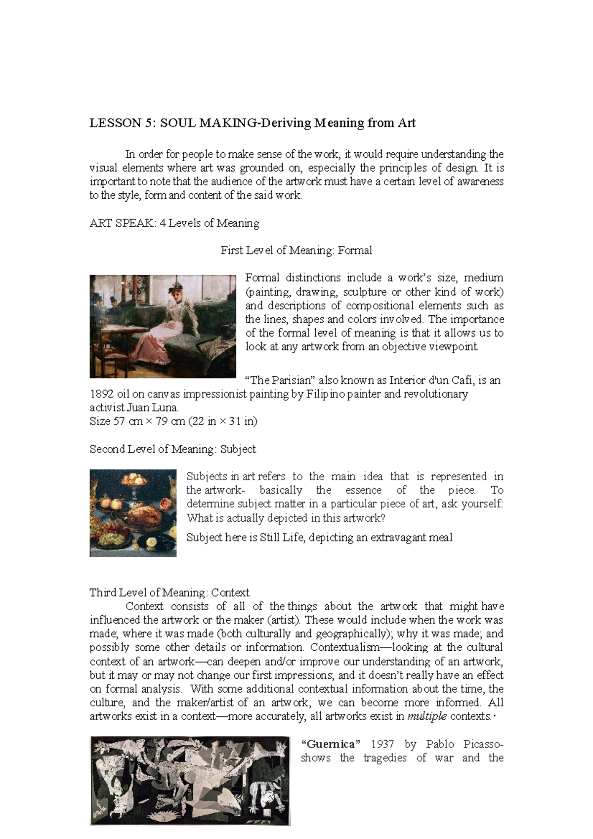 Review materials - LESSON 5: SOUL MAKING-Deriving Meaning from Art In ...