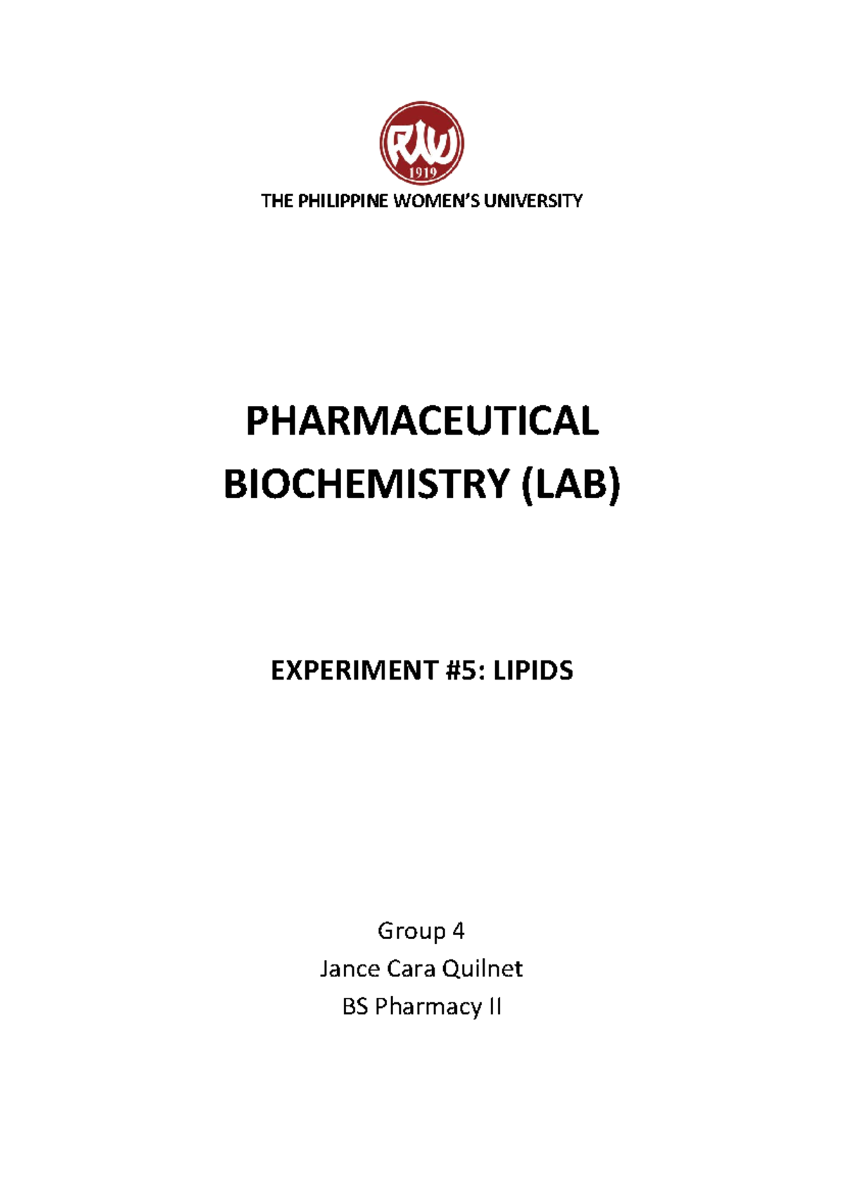 Biochem Lab Experiment - THE PHILIPPINE WOMEN’S UNIVERSITY ...