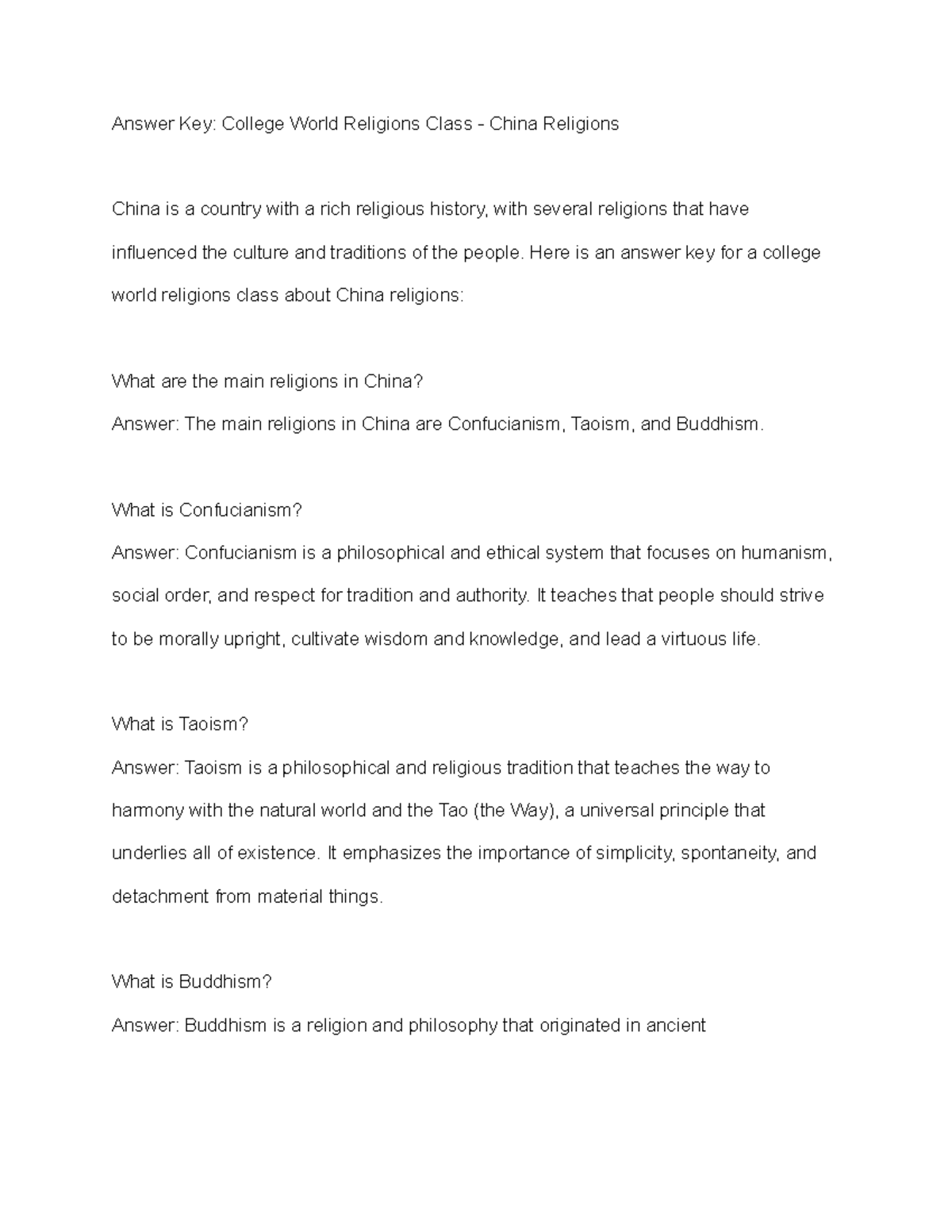 Answer Key College World Religions Class - China Religions - Here is an ...