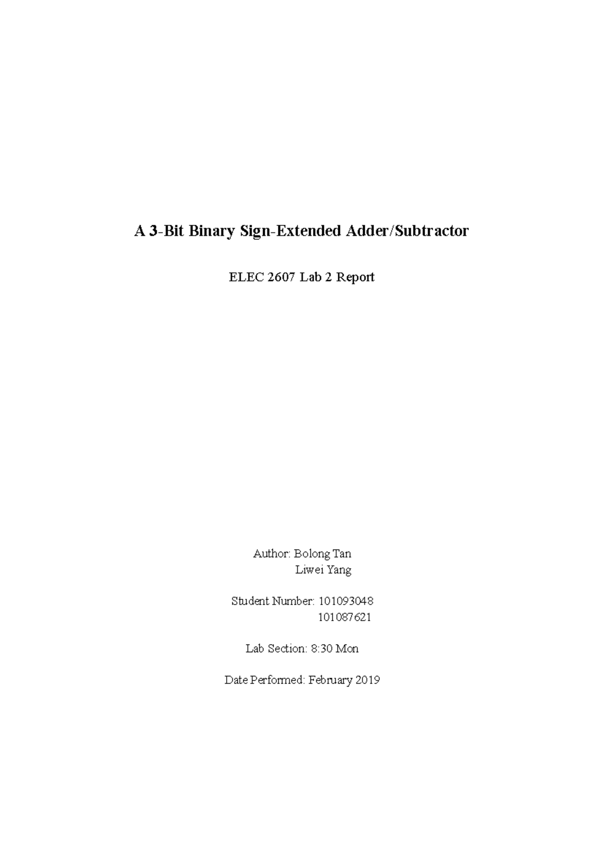Elec2607 L2 Report A 3 Bit Binary Sign Extended Addersubtractor Elec 2607 Lab 2 Report Author