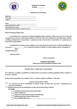 Parent Consent Fieldtrip (Tagalog) - {Petsa}___________ Mahal naming ...