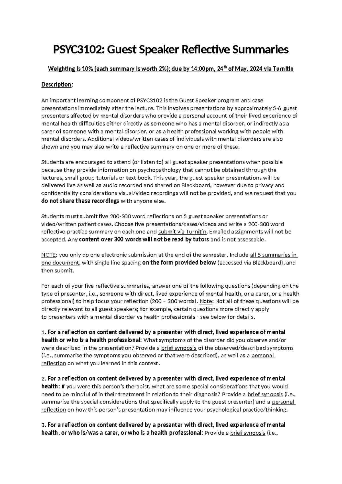 Guest Speaker Reflective Summaries PSYC3102 Sem 1, 2024 - PSYC3102 ...