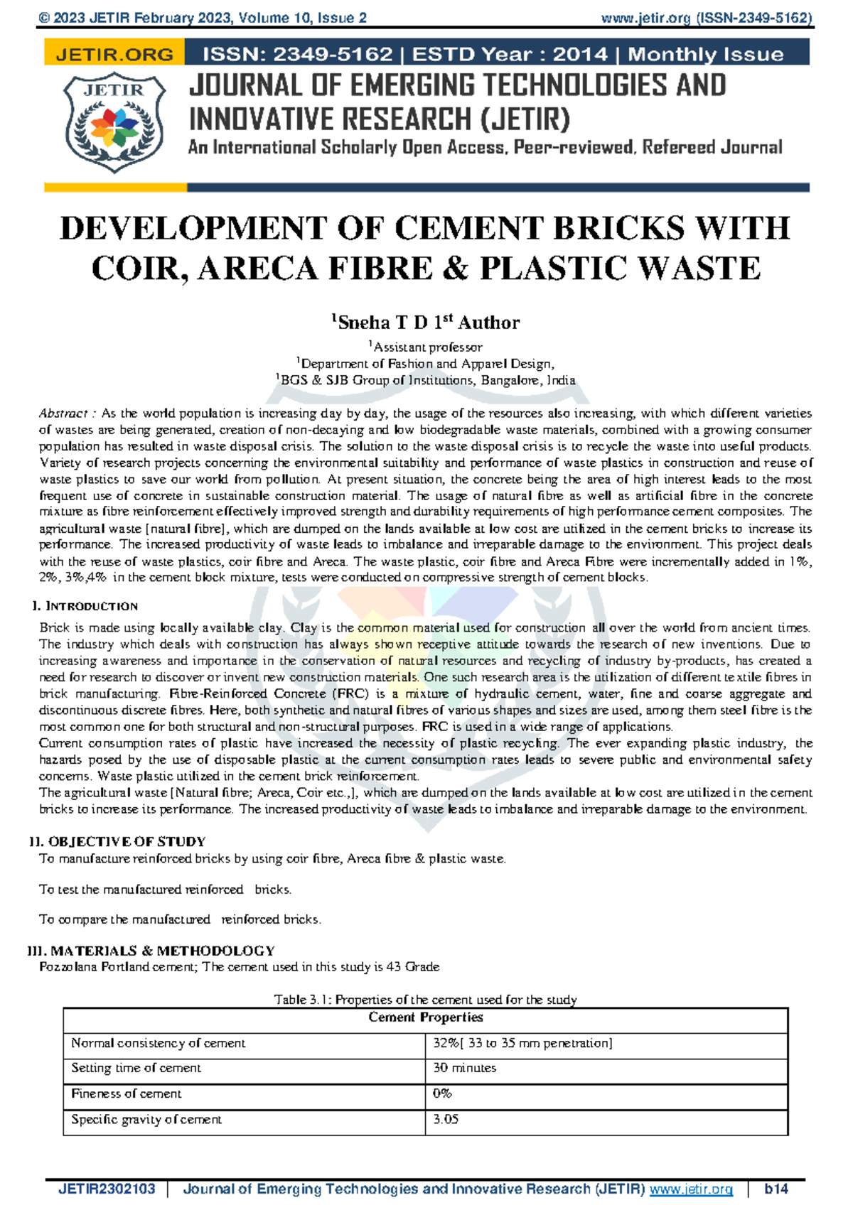 Jetir 2302103 - Orginal - DEVELOPMENT OF CEMENT BRICKS WITH COIR, ARECA ...