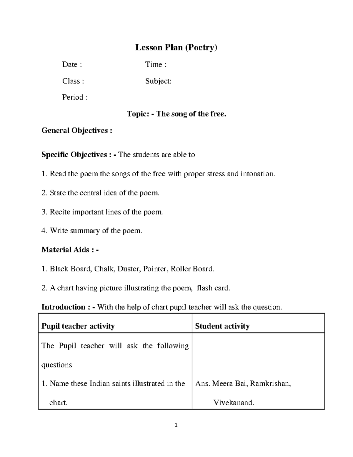 English Lesson Plan Poetry Lesson Plan Poetry Date Time Class