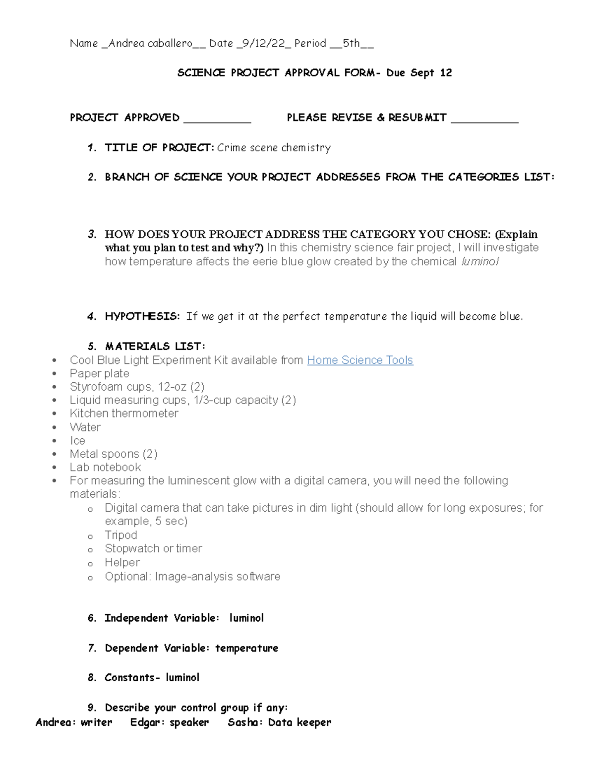 Sf project approval form - Name Andrea caballero_ Date 9/12/22 Period ...