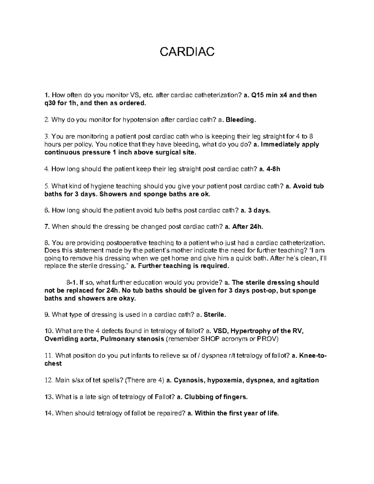 Cardiac Catheterization Monitoring and Postoperative Care - Studocu