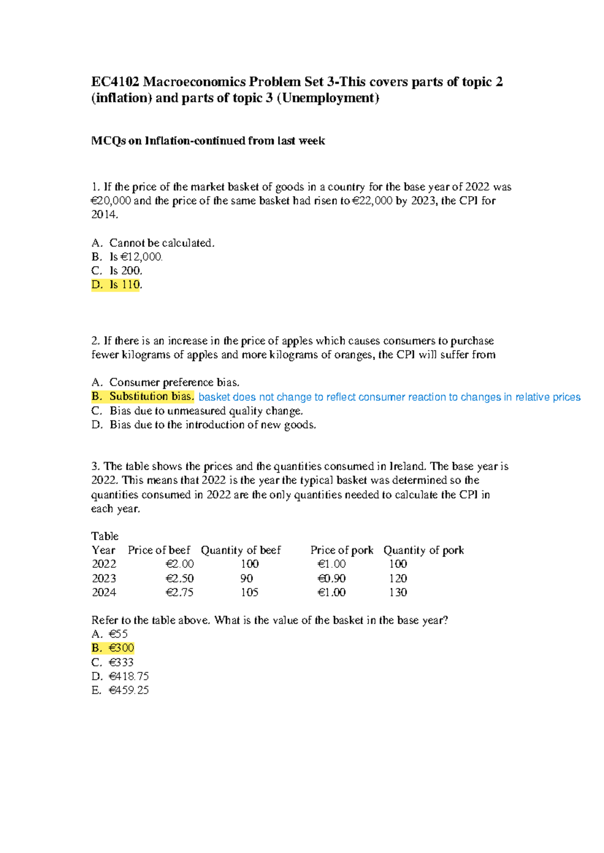 Problem Set 3 2023 24 - EC4 102 Macroeconomics Problem Set 3 - This covers parts of topic 2 ...