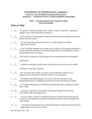 Tutorial Sheet 4A - Unit 4A - UNIVERSITY OF TECHNOLOGY, JAMAICA SCHOOL OF BUSINESS ...