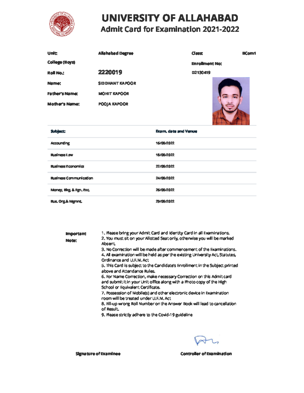 AU Admit CARD - All good - UNIVERSITY OF ALLAHABAD Admit Card for ...