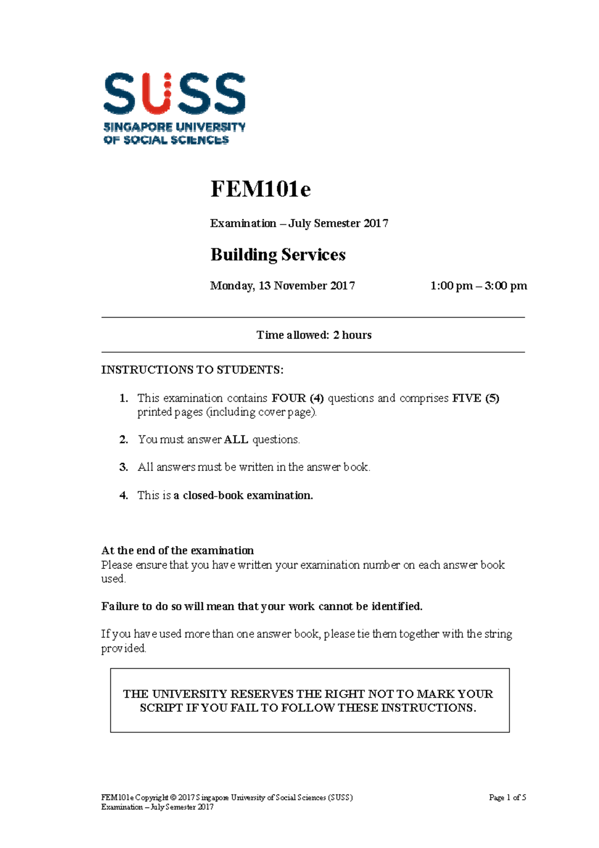 Exam 2017 - FEM101e Copyright © 2017 Singapore University of Social ...