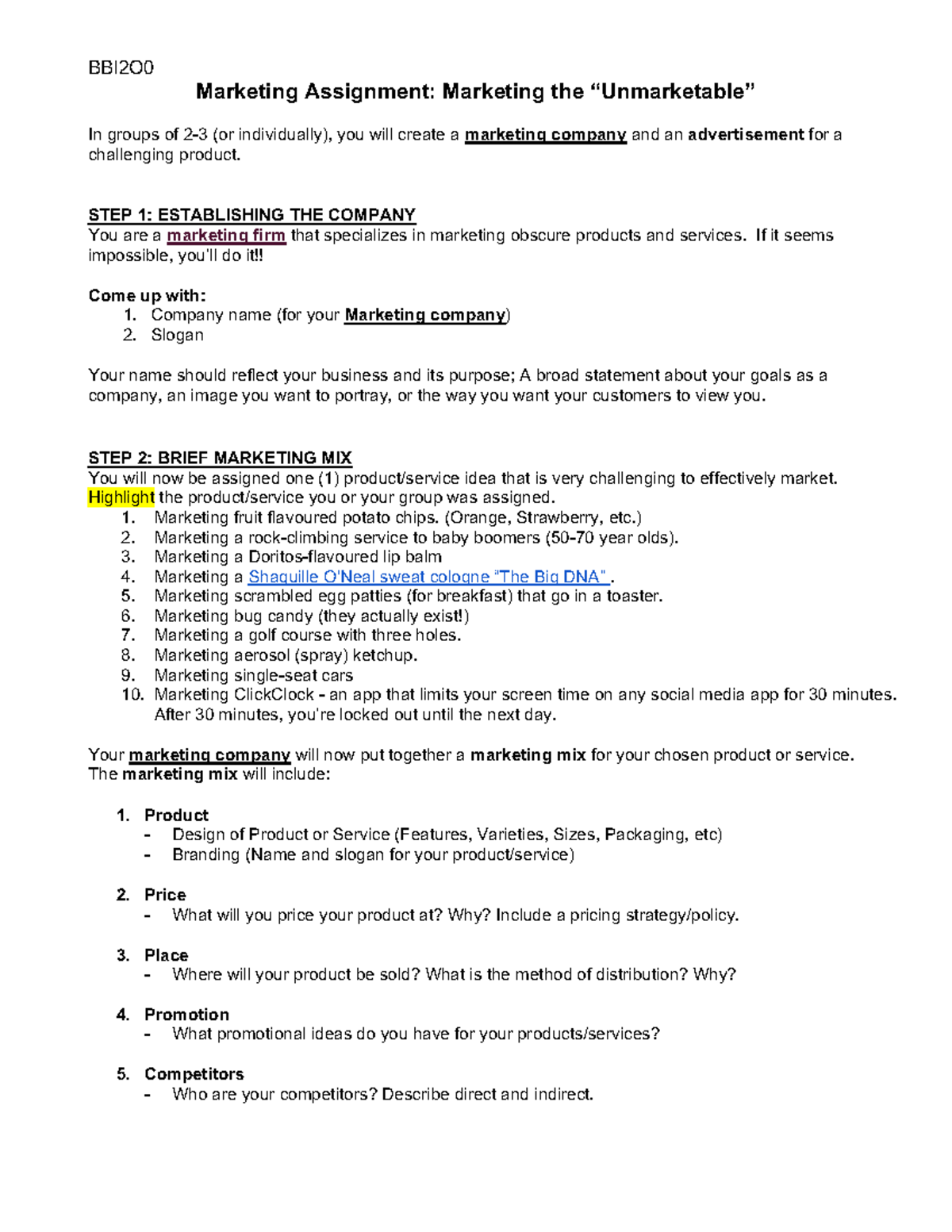 Unit 4 Summative - Marketing the Impossible Assignment - BBI2O ...
