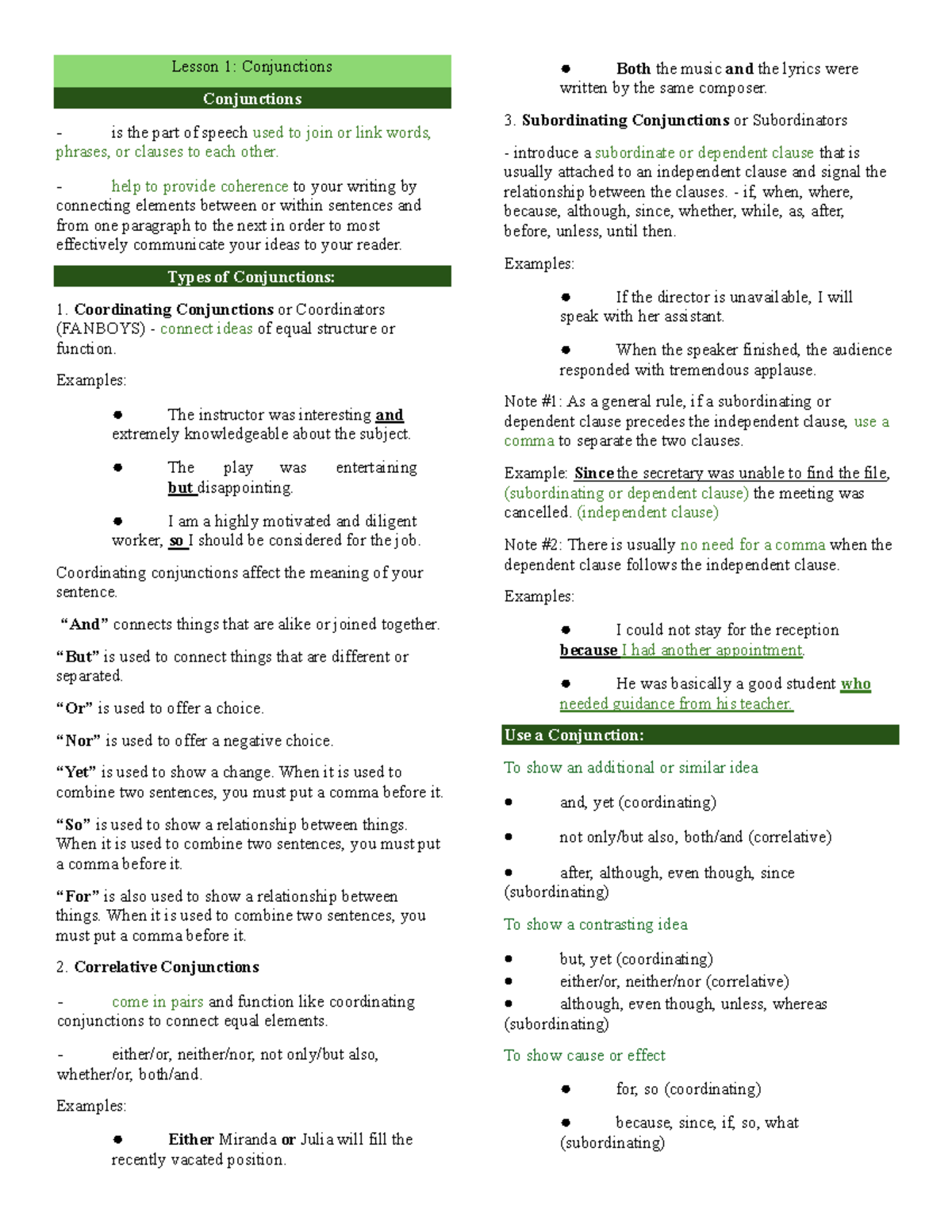 Lesson 1 conjunction - Lesson 1: Conjunctions Conjunctions - is the ...