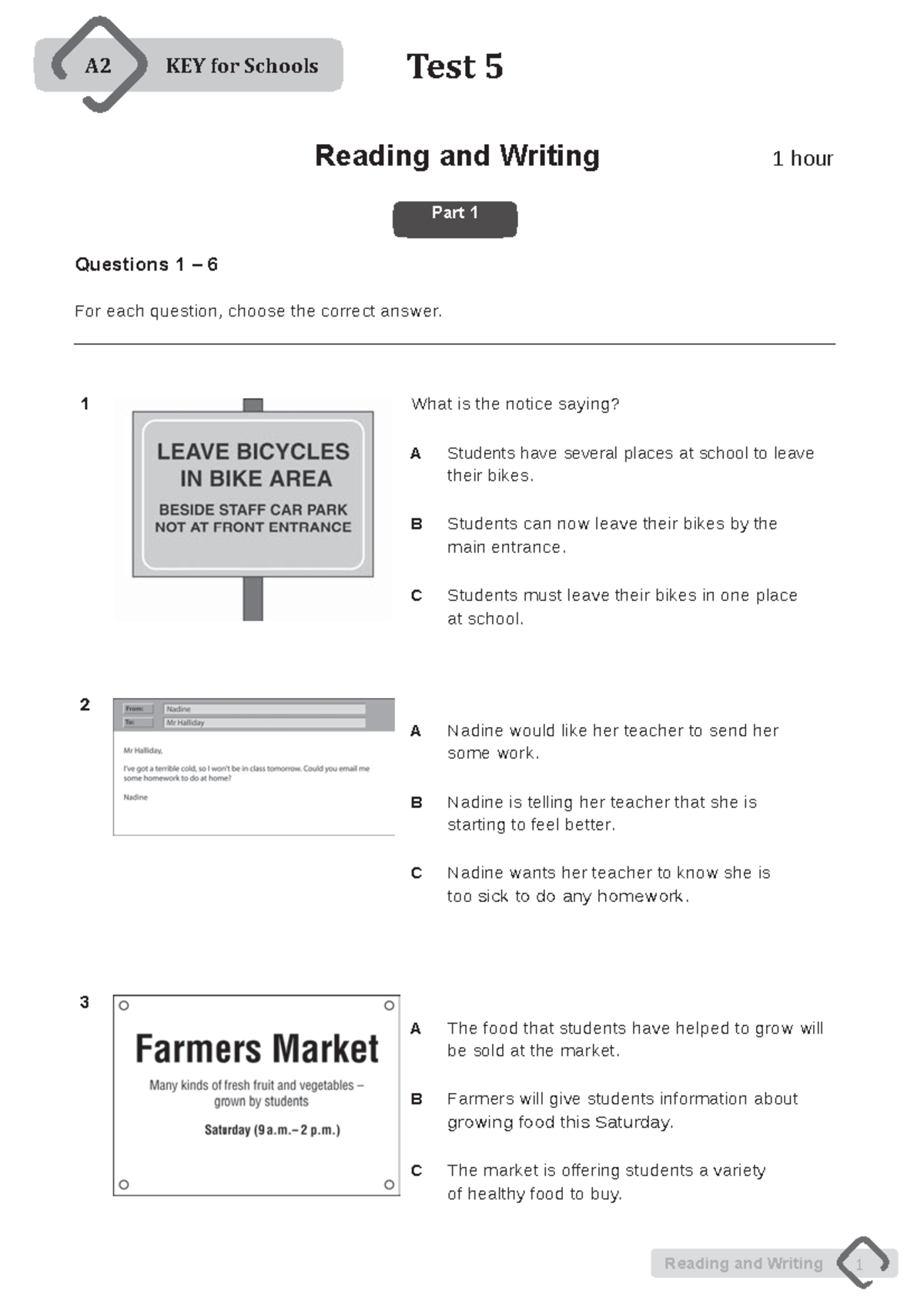 A2Key Test5 - Reading and Writing 1 A2 KEY for Schools Part 1 Test 5 ...