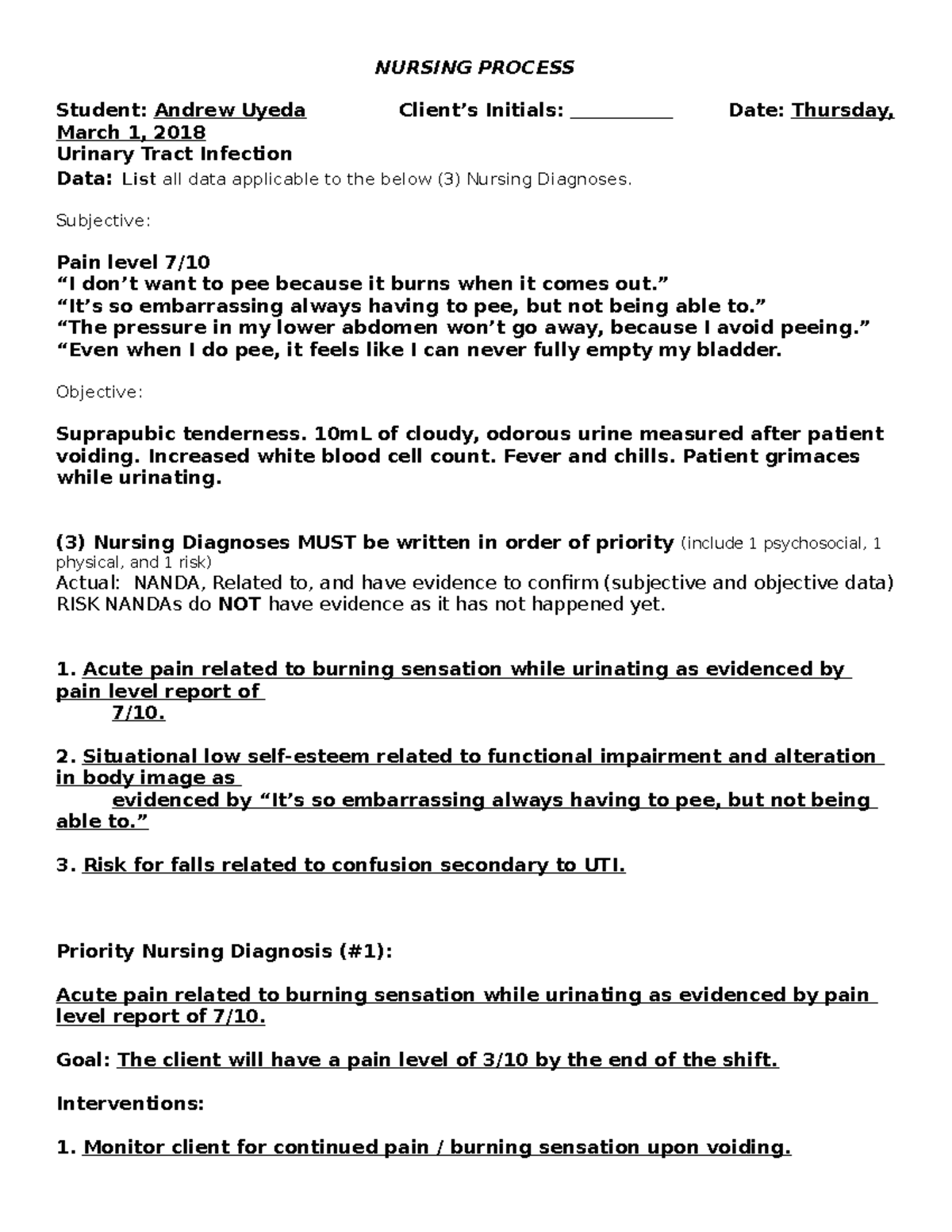 Nursing Process Form - Clinical Day 2 - NURSING PROCESS Student: Andrew ...