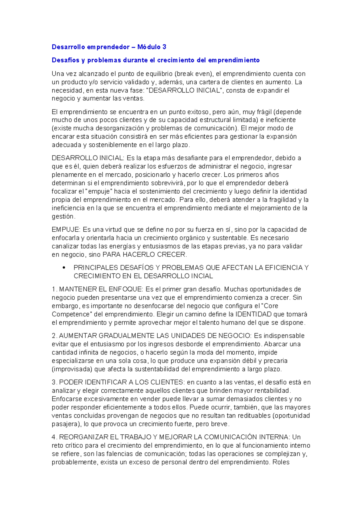 Desarrollo emprendedor M 3 y 4 - Desarrollo emprendedor – Módulo 3 Desafíos y problemas durante ...