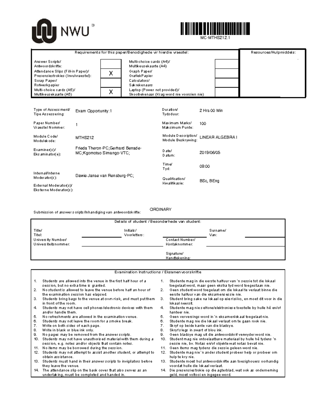 Mths212 mcjun 2019 - past paper for studying - Requirements for this ...