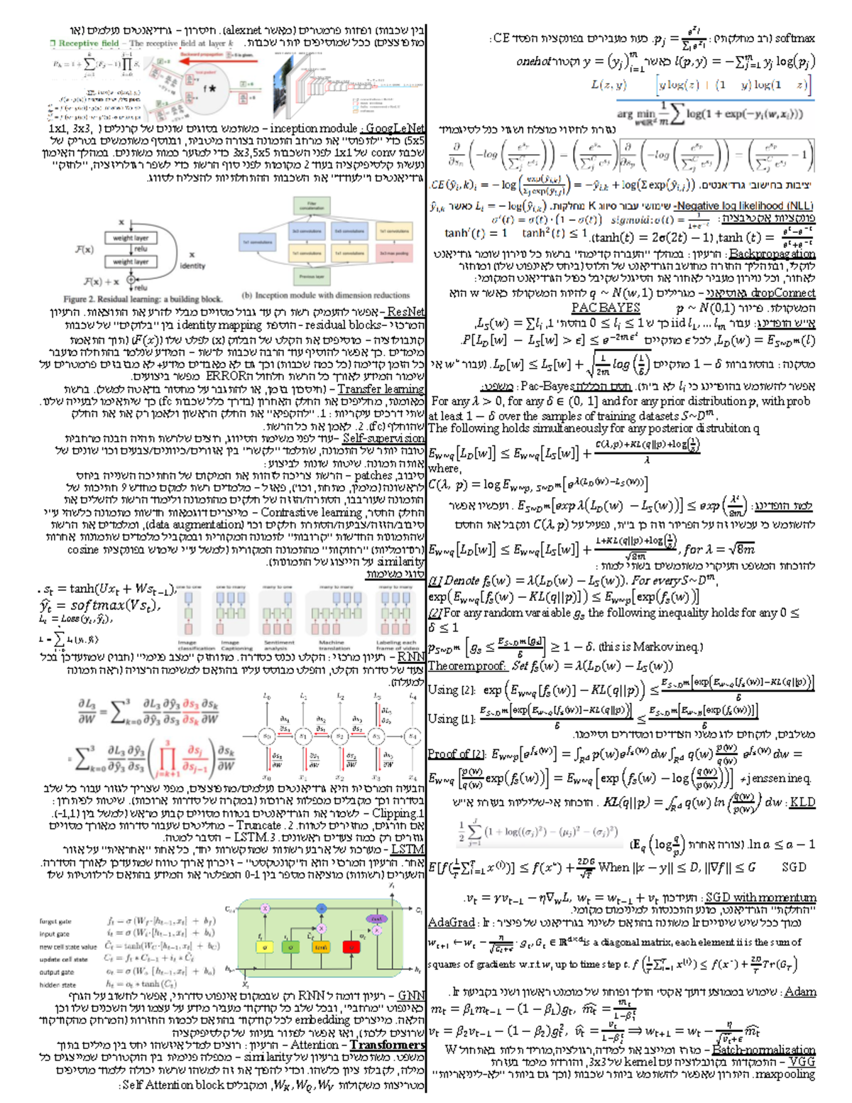 Final Cheatsheet - deep learning 2pages cheat-sheet - 𝑝𝑗 = (רב מחלקתי):softmax 𝑒𝑧𝑗 ∑ 𝑒𝑖𝑧𝑖 :CE ...