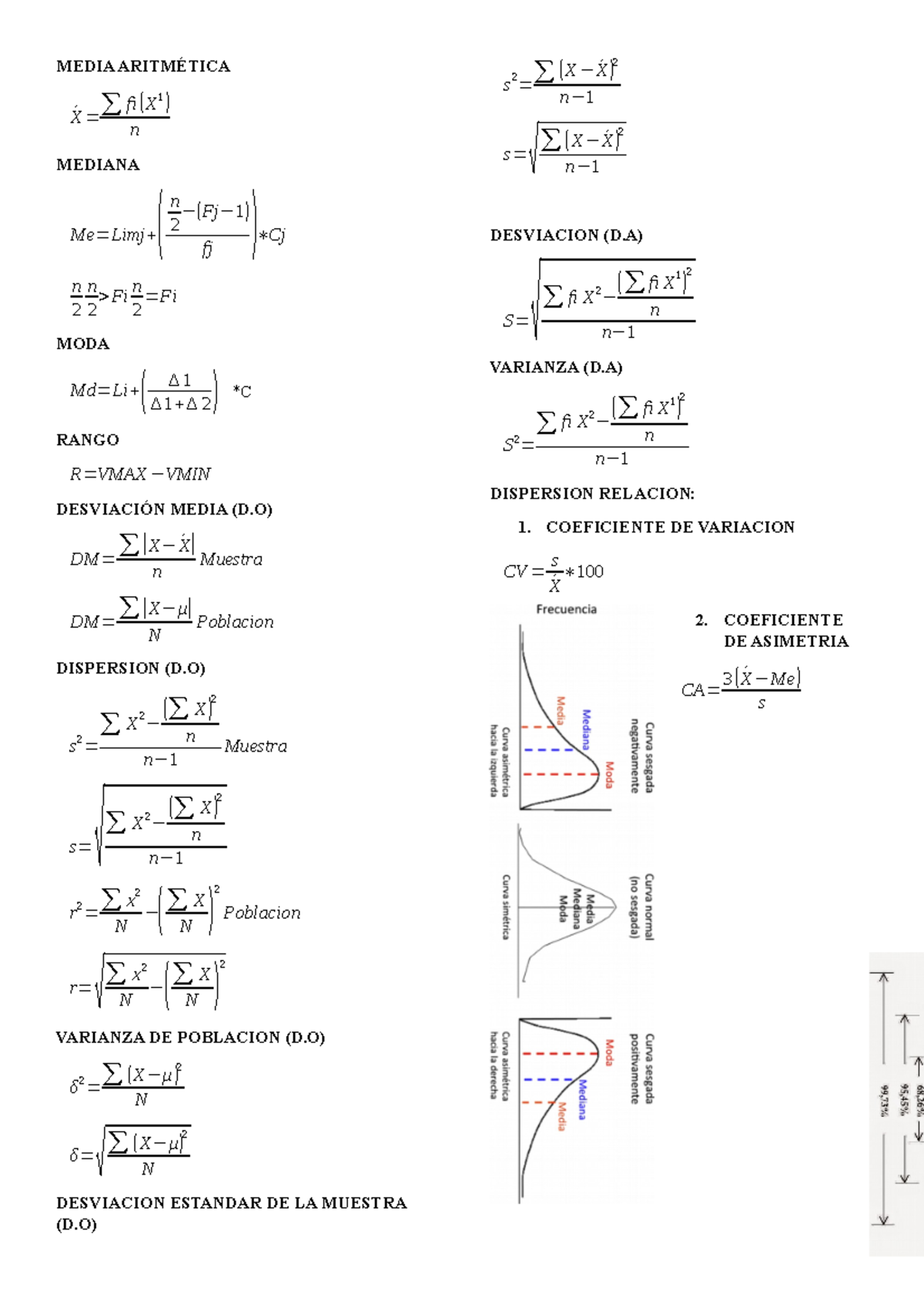 Formulas DE Estadisticas - MEDIA ARITMÉTICA X ́=∑fi(X 1 ) n MEDIANA Me ...