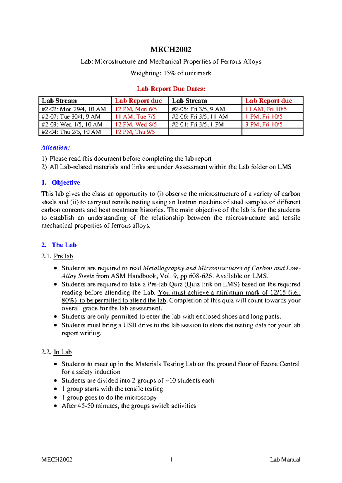 MECH2002 Carbon Steels Lab - 2024 Manual - MECH Lab: Microstructure and ...