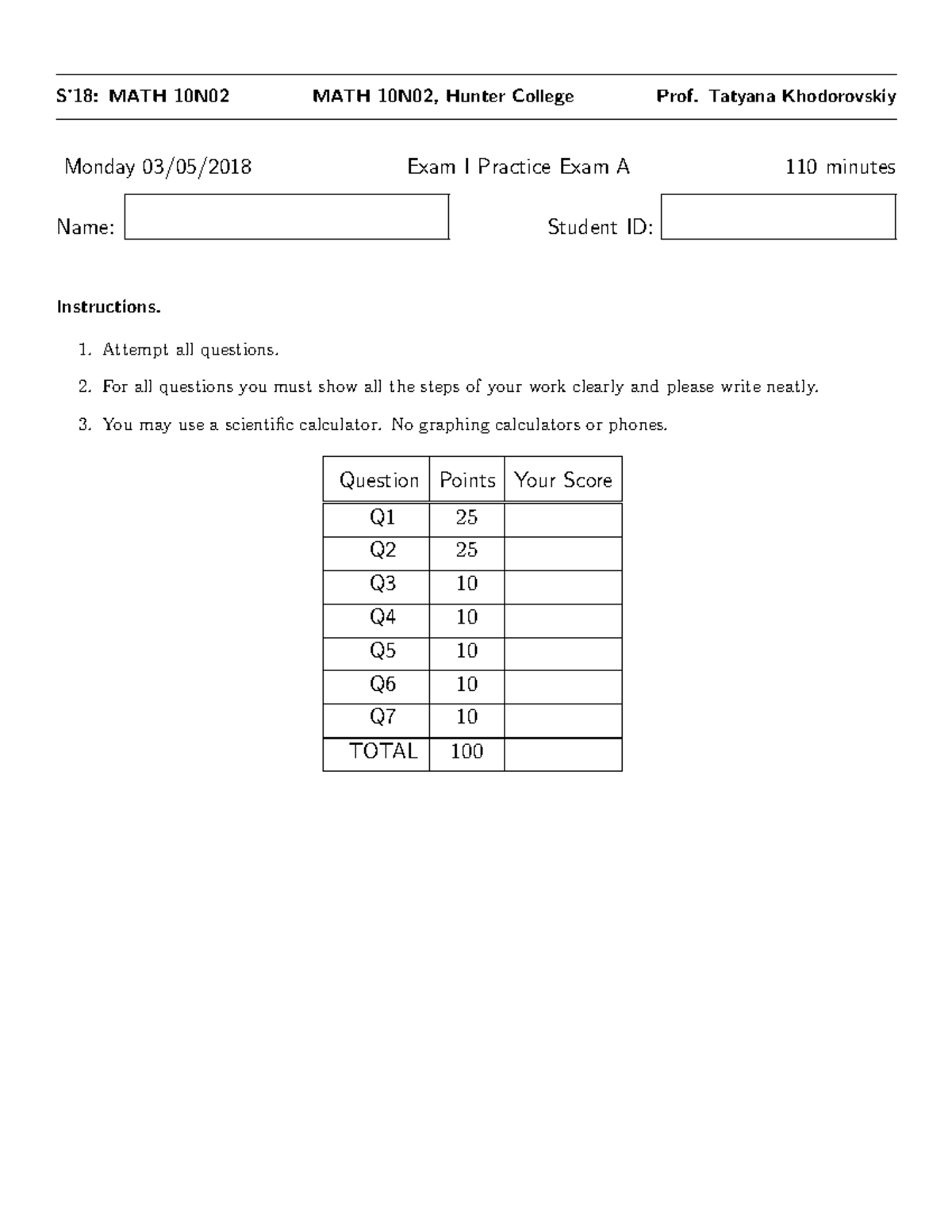Midterm I Practice Exam A - S’18: MATH 10N02 MATH 10N02, Hunter College ...