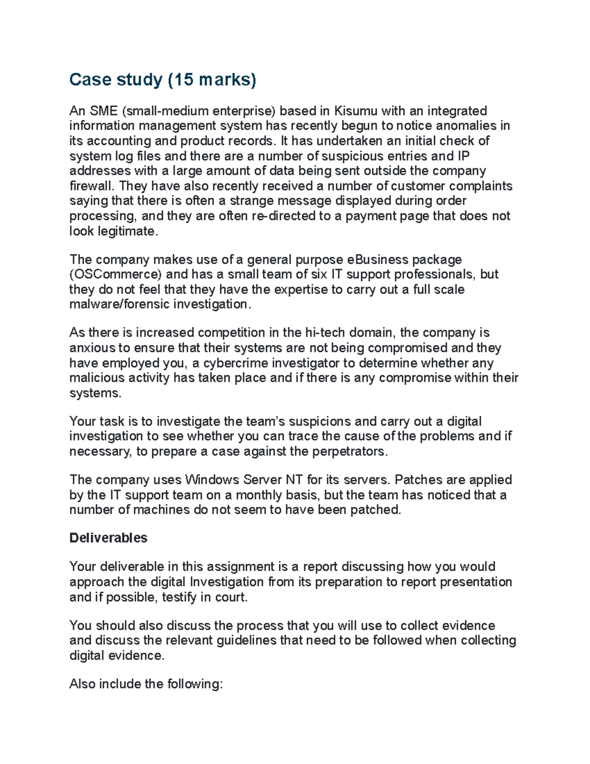 Cybercrime assignment Case study - Case study (15 marks) An SME (small ...