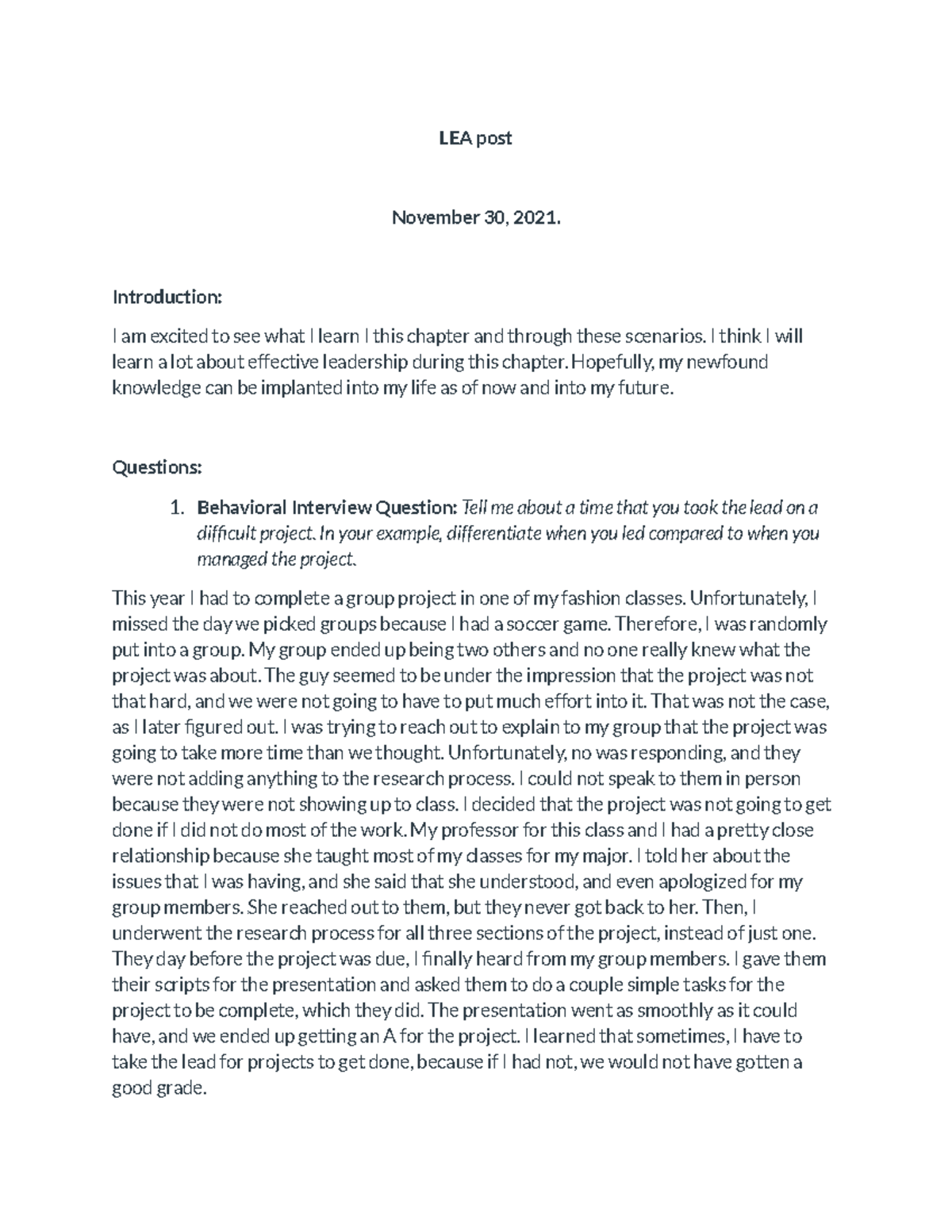 LEA post - Principles of Management - LEA post November 30, 2021 ...