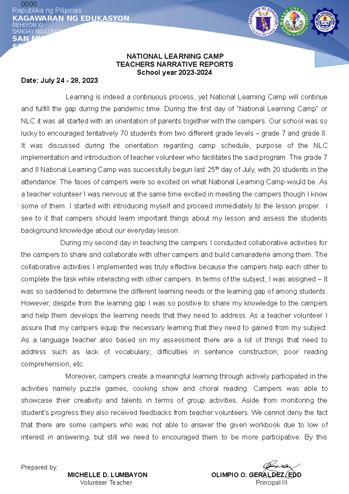 Narrative- Final - Just a sample. - 0000 NATIONAL LEARNING CAMP ...