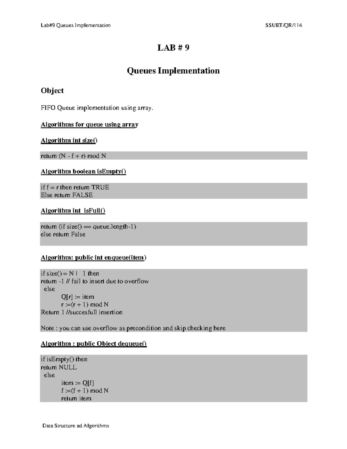 Lab 9 - DsA - Lab#9 Queues Implementation SSUET/QR/ Data Structure ad Algorithms LAB # 9 Queues ...