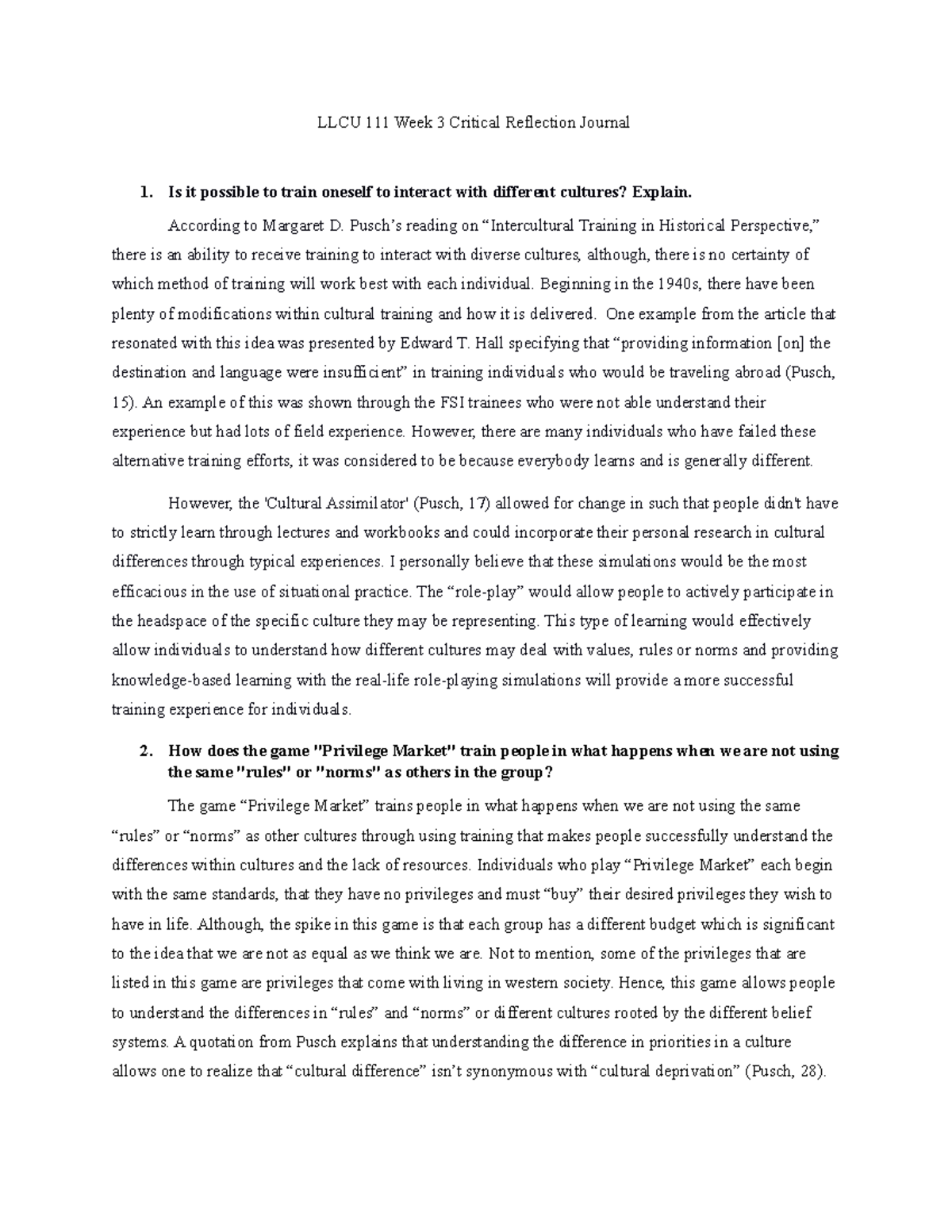 LLCU 111 Week 3 Critical Reflection Journal - LLCU 111 Week 3 Critical ...