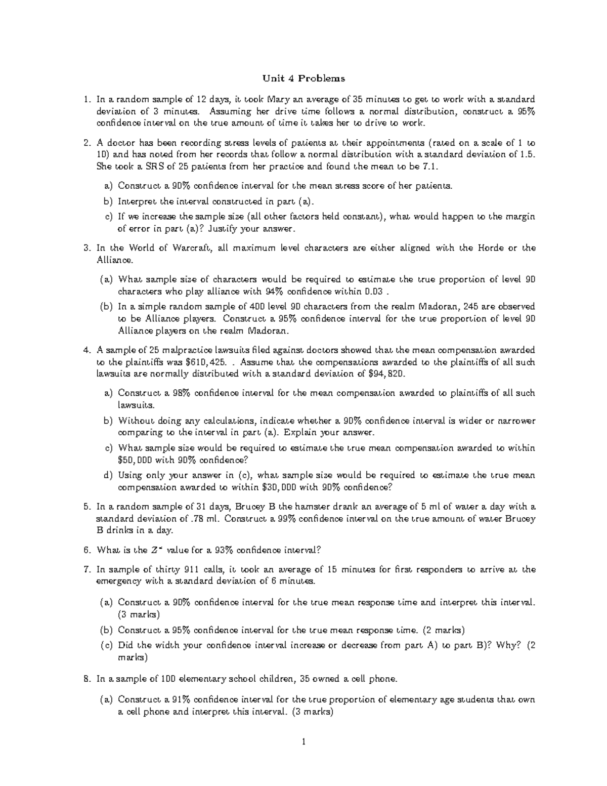 Unit 4 Problems 1150 Unit 4 Problems In A Random Sample Of 12 Days It Took Mary An Average Of